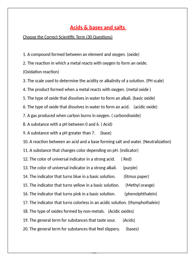 Acids & Bases and Salts Practice Questions | PDF | Acid | Ph