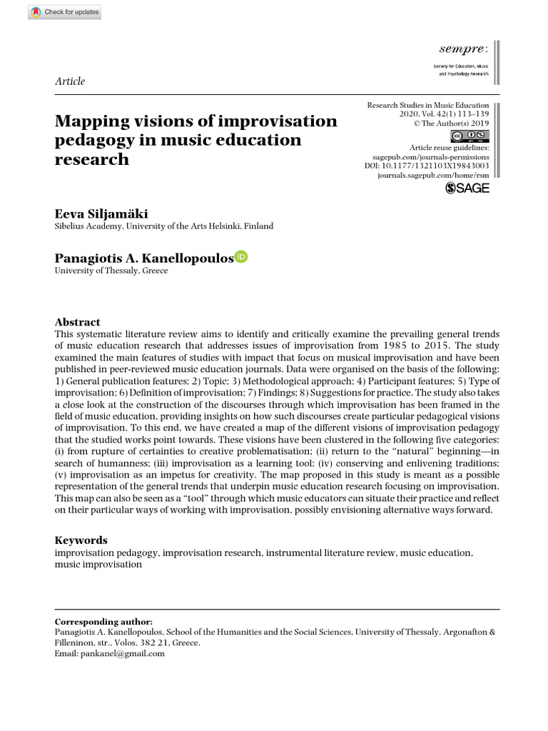 Siljamaki Kanellopoulos 2019 Mapping Visions of Improvisation Pedagogy in Music Education ...