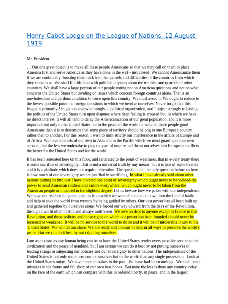 9c - Social - (1920) Lodge, Henry Cabot - Treaty of Peace With Germany ...