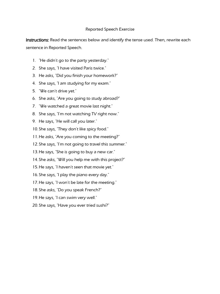 Reported Speech Practice Exercise | PDF