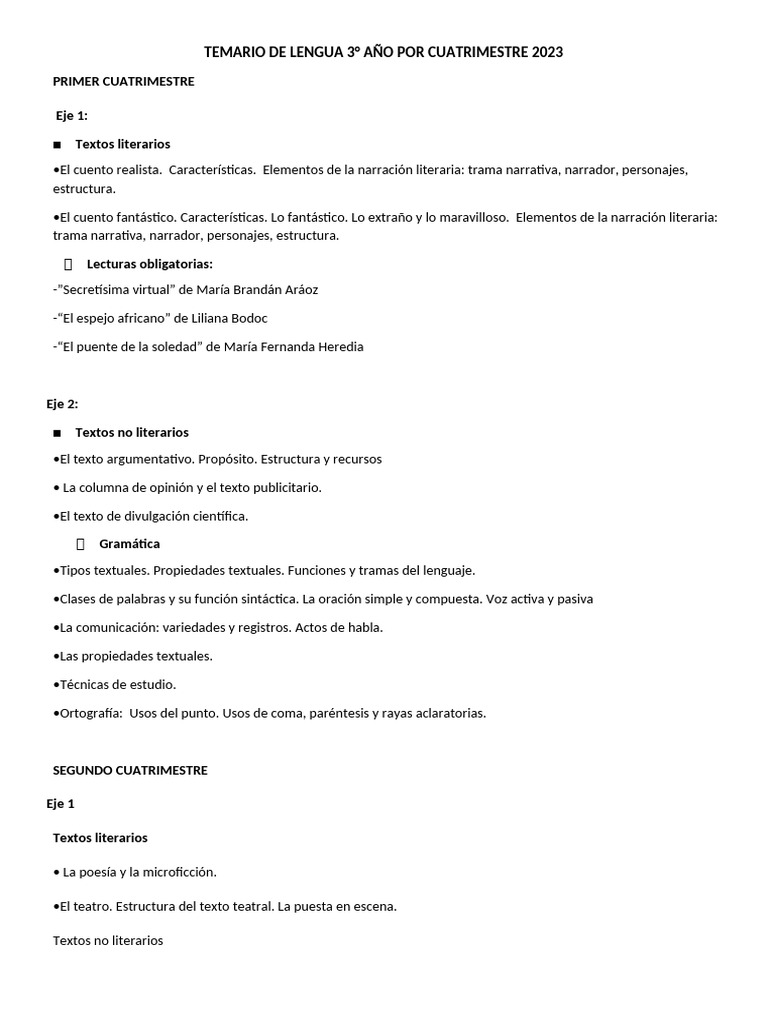 TEMARIO DE LENGUA 3° Año 2023 | PDF