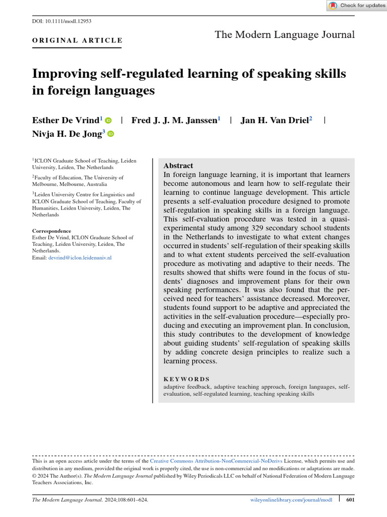 The Modern Language Journal - 2024 - de Vrind - Improving Self ...