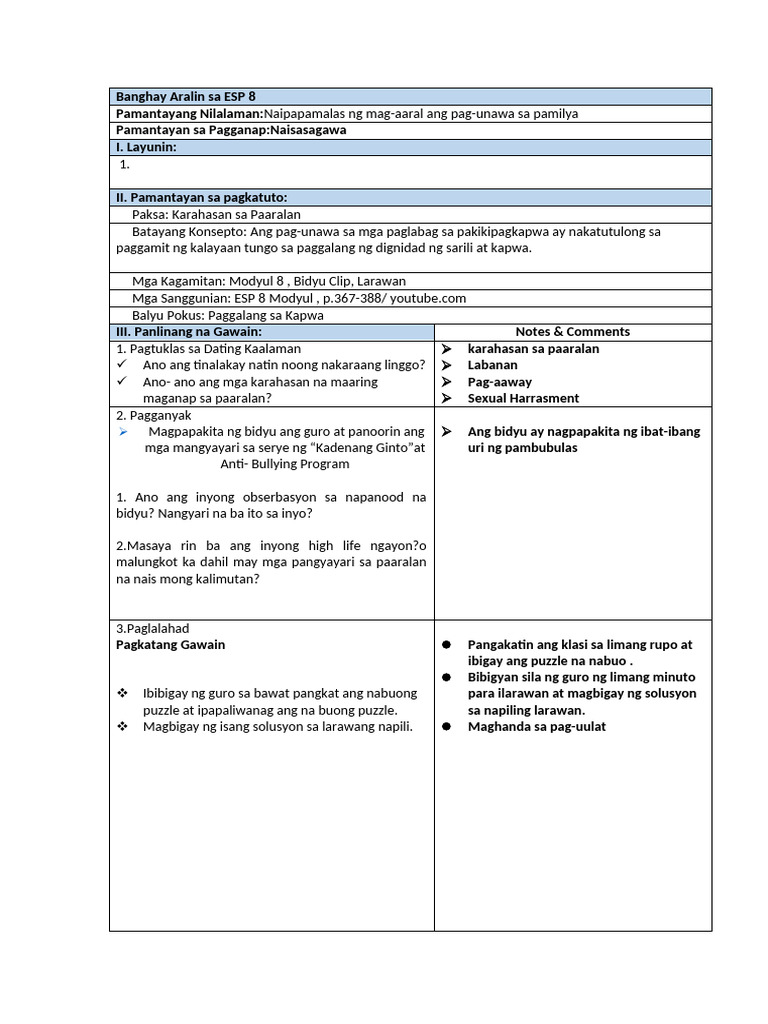 Banghay Aralin Sa ESP 8 1st Quarter | PDF