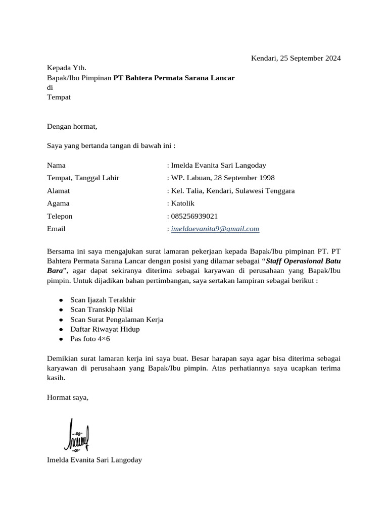 Surat Lamaran Kerja Imelda | PDF