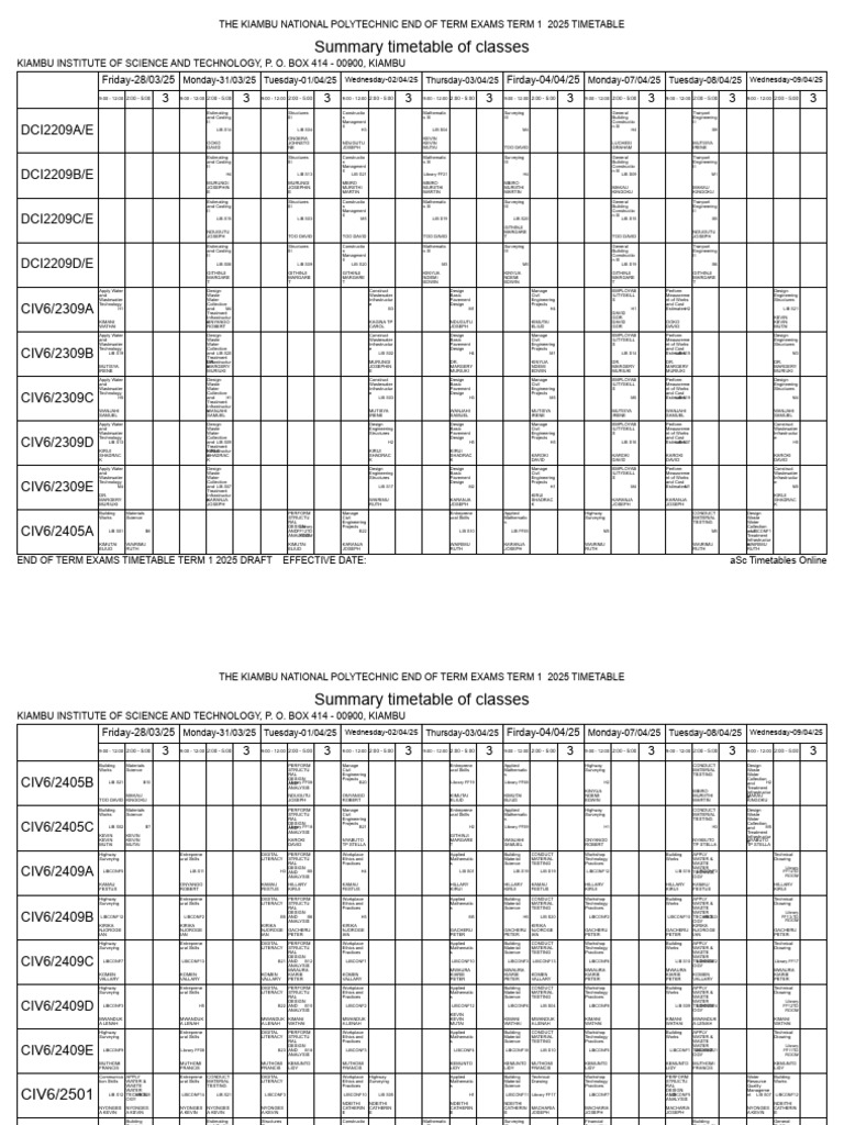 Kiambu Polytechnic Exam Timetable 2025 | PDF | Science