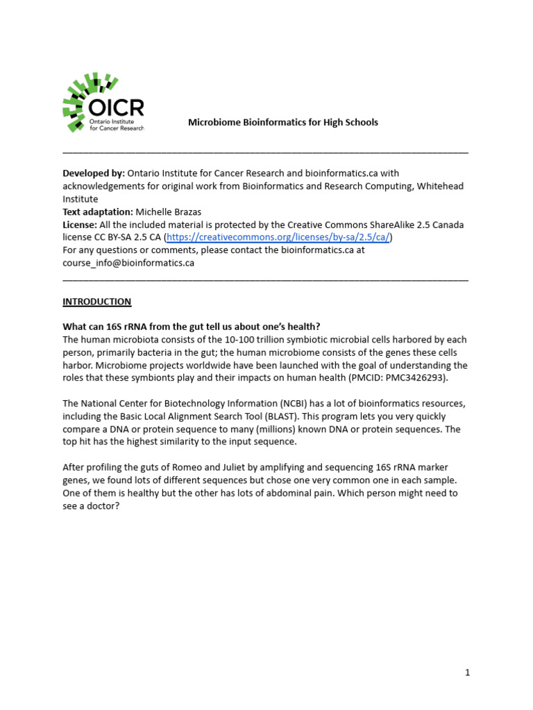 Microbiome Bioinformatics For High School Exercise - v1 | PDF ...