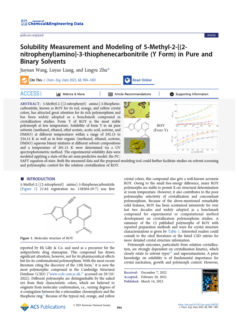 Wang Et Al 2023 Solubility Measurement and Modeling of 5 Methyl 2 (2 ...
