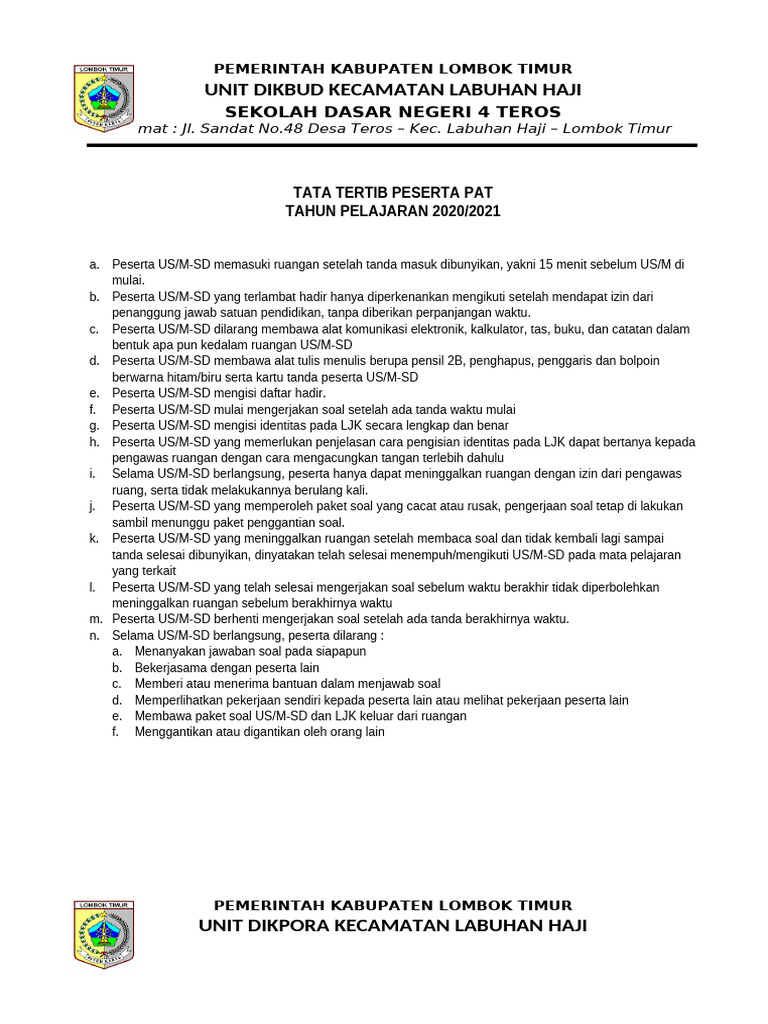 Tata Tertib Peserta Ujian Sekolah | PDF