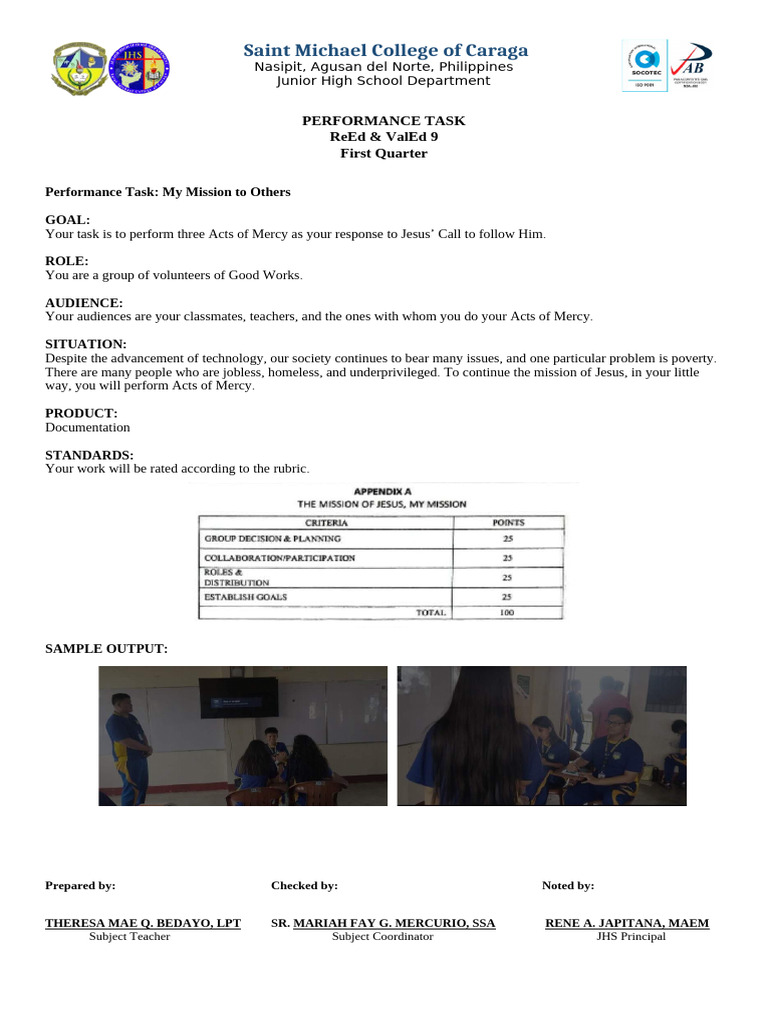 ReEd & ValEd 9 - 1ST GRADING PERFORMANCE TASK WITH SAMPLE OUTPUT | PDF