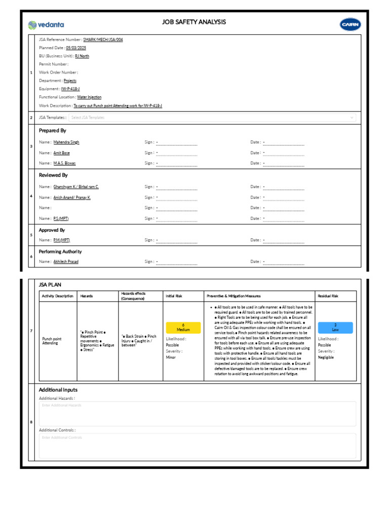 Job Safety Analysis for Punch Point Work | PDF | Labor Relations | Risk