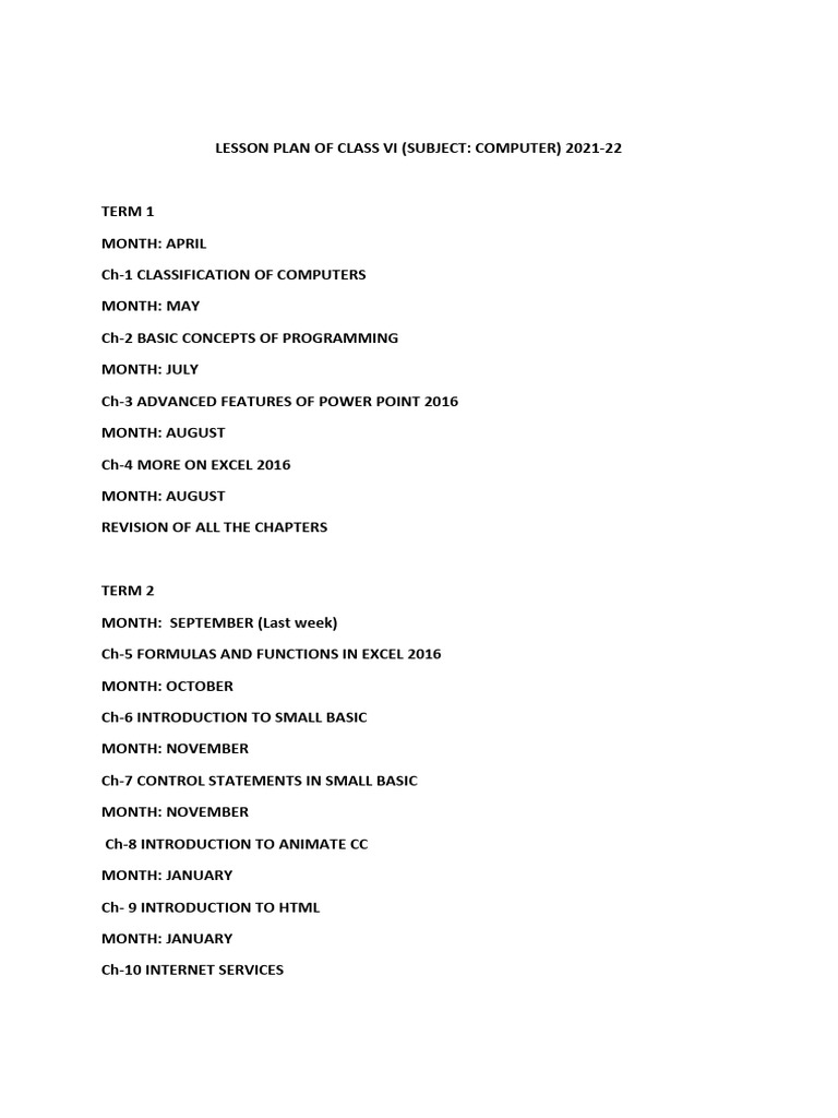 Class VI Computer Lesson Plan 2021-22 | PDF | Html | World Wide Web