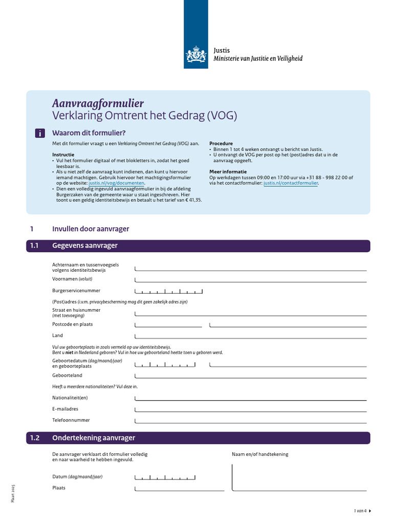 Aanvraagformulier Verklaring Omtrent Het Gedrag (VOG) - 0 | PDF
