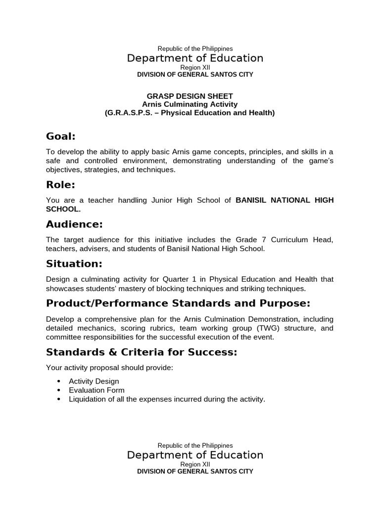 Arnis Culminating Activity Plan for Grade 7 | PDF | Teachers | Physical ...