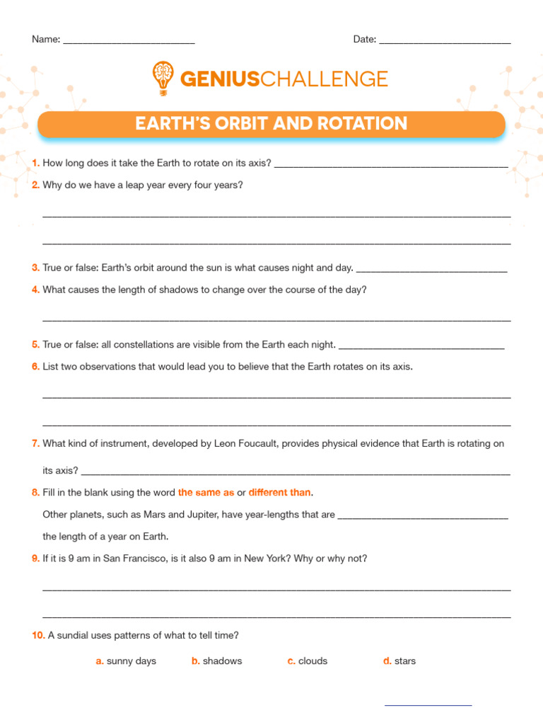 Earths Orbit & Rotation Worksheet GG | PDF