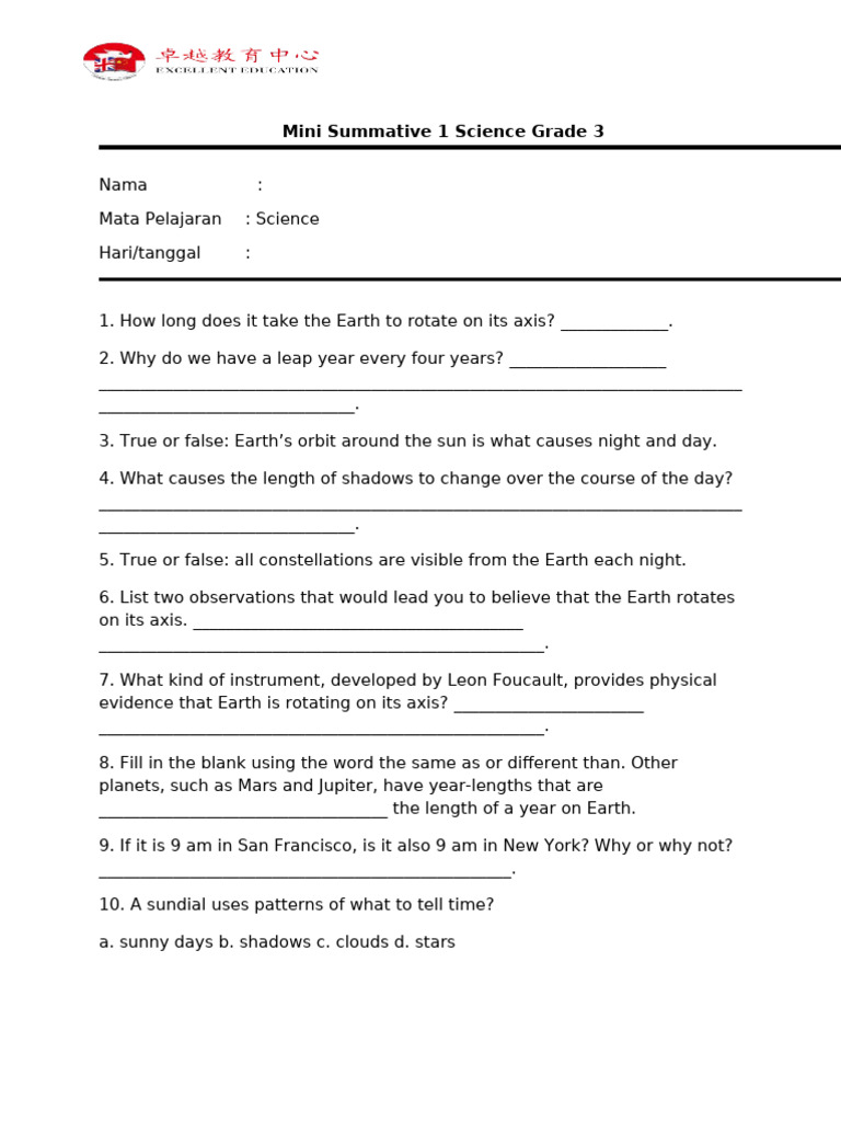 Mini Summative 1 Science Grade 3 | PDF | Rotation | Earth