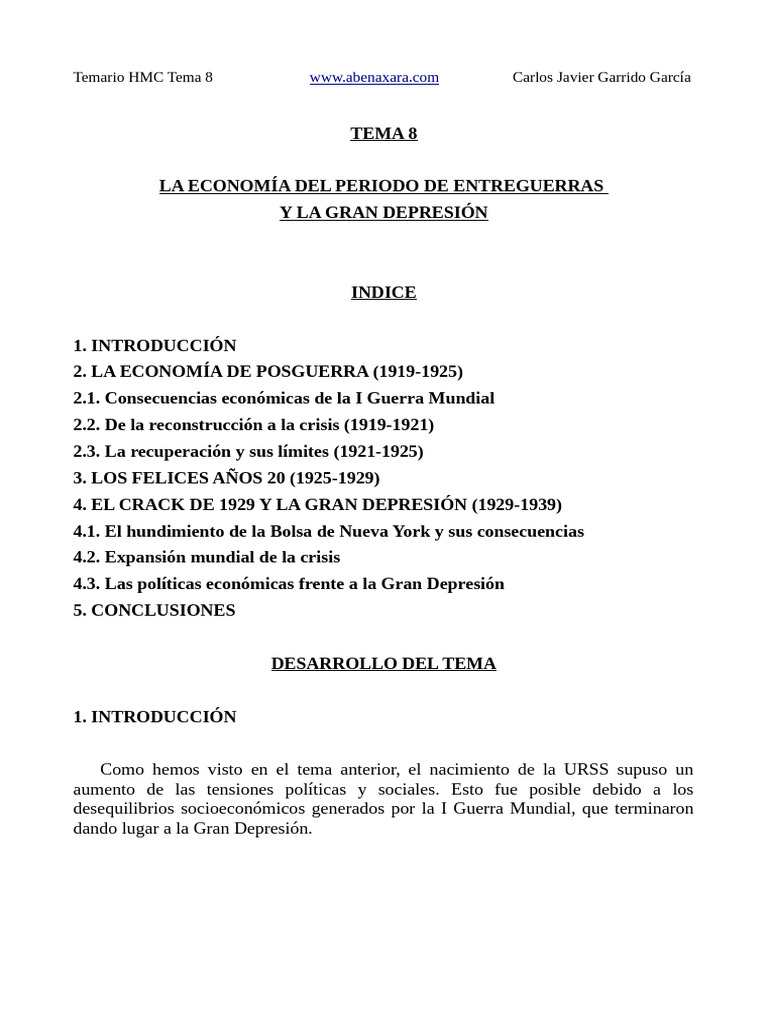 Temario HMC 1o Bachillerato Tema 8 | PDF | Gran depresion | Inflación