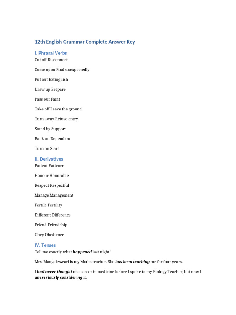 12th English Grammar Answer Key | PDF
