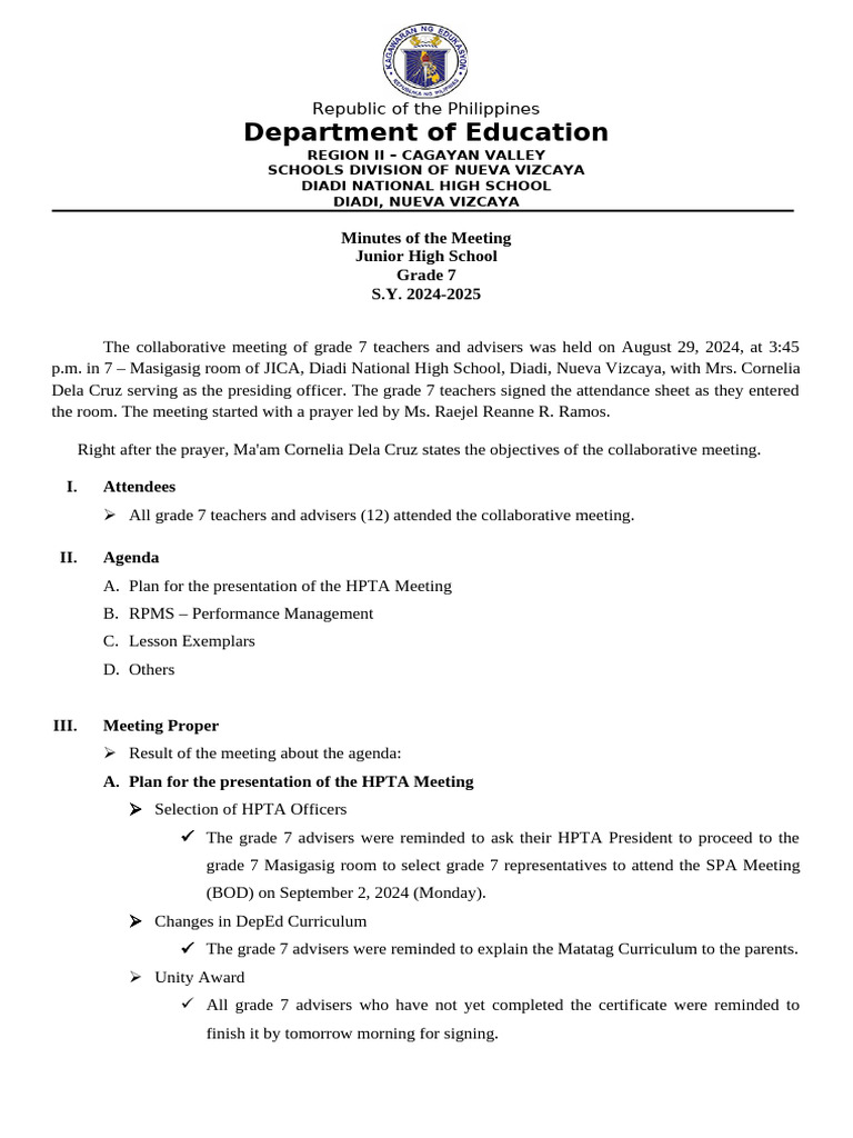 Minutes of The Meeting JHS Aug.29 | PDF | Learning | Behavior Modification