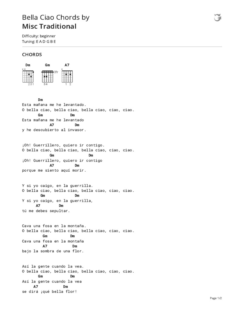Bella Ciao Chords by Misc Traditionaltabs @ Ultimate Guitar Archive | PDF