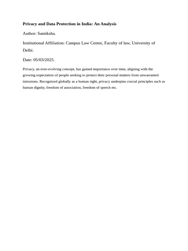 Legal Research Article On Privacy and Data Protection in India | PDF ...