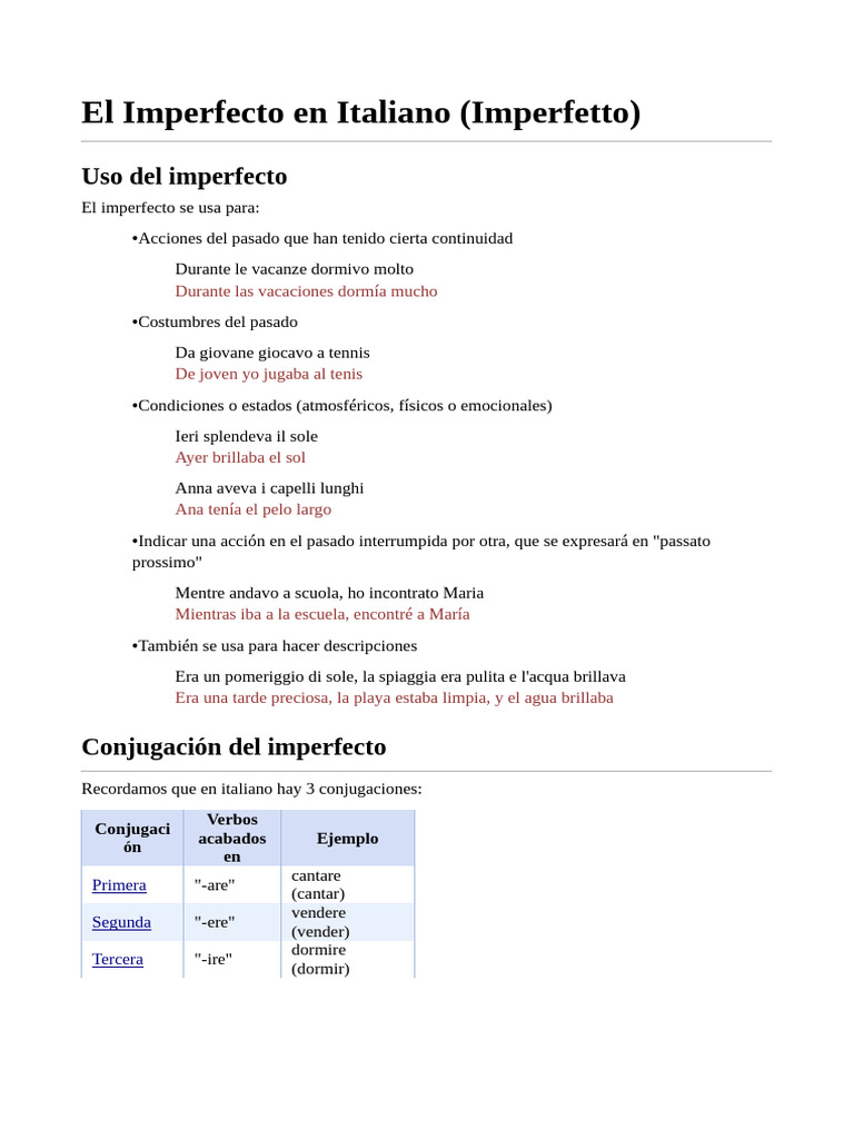 Uso y conjugación del imperfecto en italiano | PDF | Morfología ...
