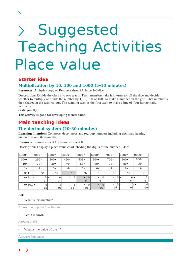 Teaching Place Value and Rounding Activities | PDF | Multiplication ...