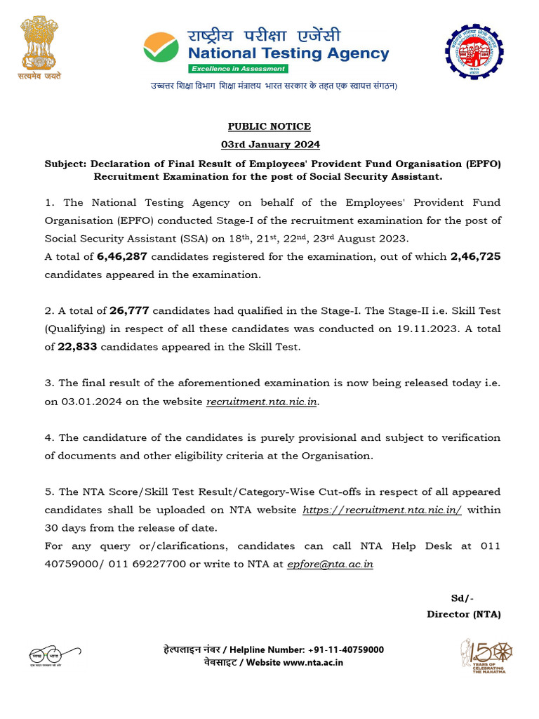 Public Notice_ Declaration of Final Result of EPF | PDF