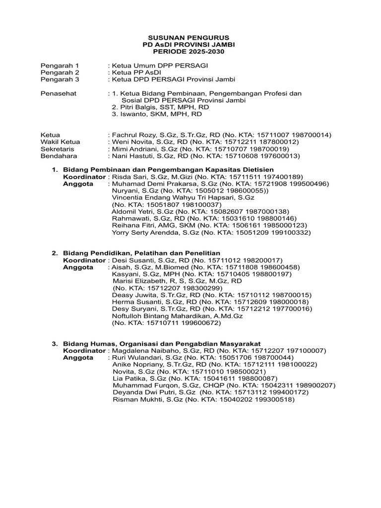 Susunan Pengurus PD AsDI Jambi 2025-2030 | PDF