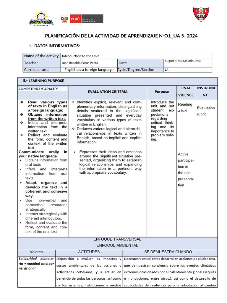 SESION 1_UNIT 5_INGLES_ 1ER Y 2do_1 agosto | PDF | Aprendizaje | Resiliencia climática