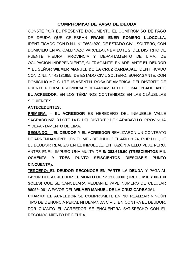 Contrato Compromiso de Pago de Deuda | PDF
