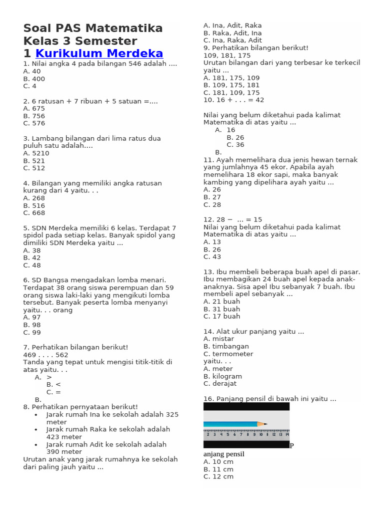 Soal PAS Matematika Kelas 3 Semester 1 | PDF