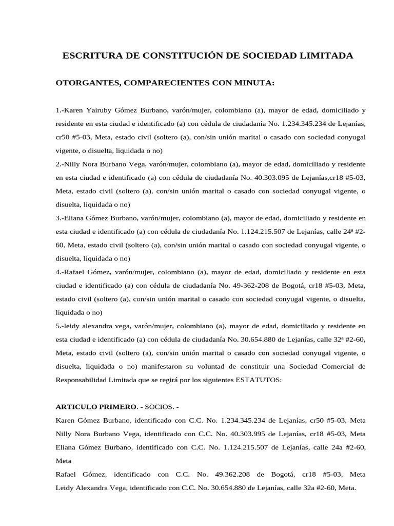 Escritura de Constitucion.1 | PDF | Sociedad de responsabilidad limitada | Negocios económicos