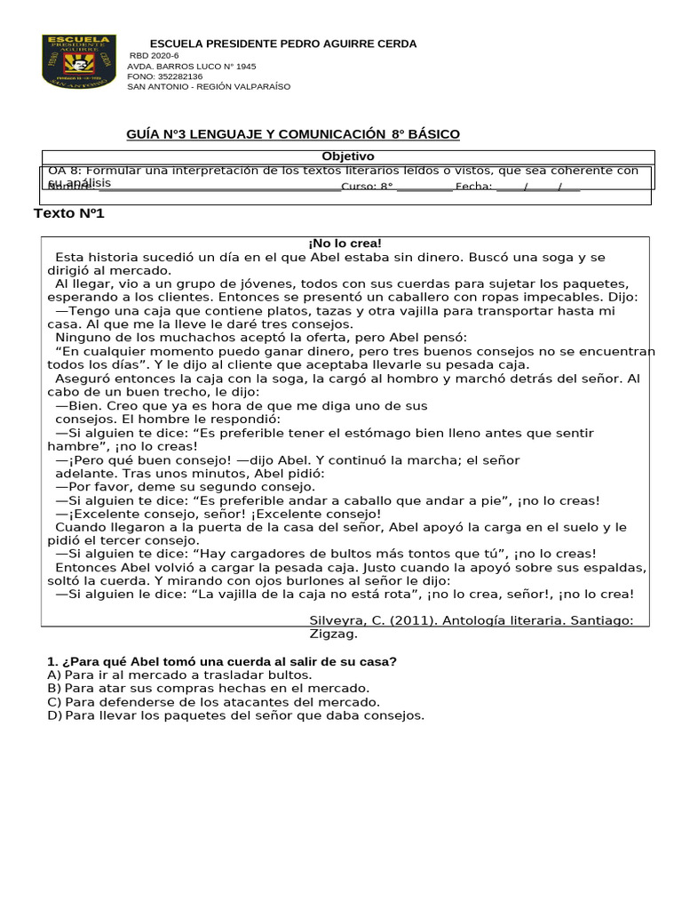 Guia-3 Lenguaje Comprension Lectora 8 19 Octubre | PDF