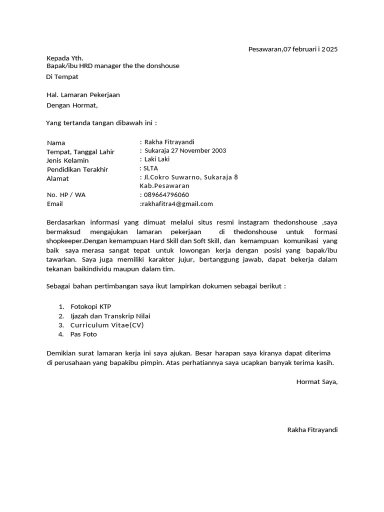 Contoh Surat Lamaran Kerja Waiters Pelayan Di Cafe 1 | PDF