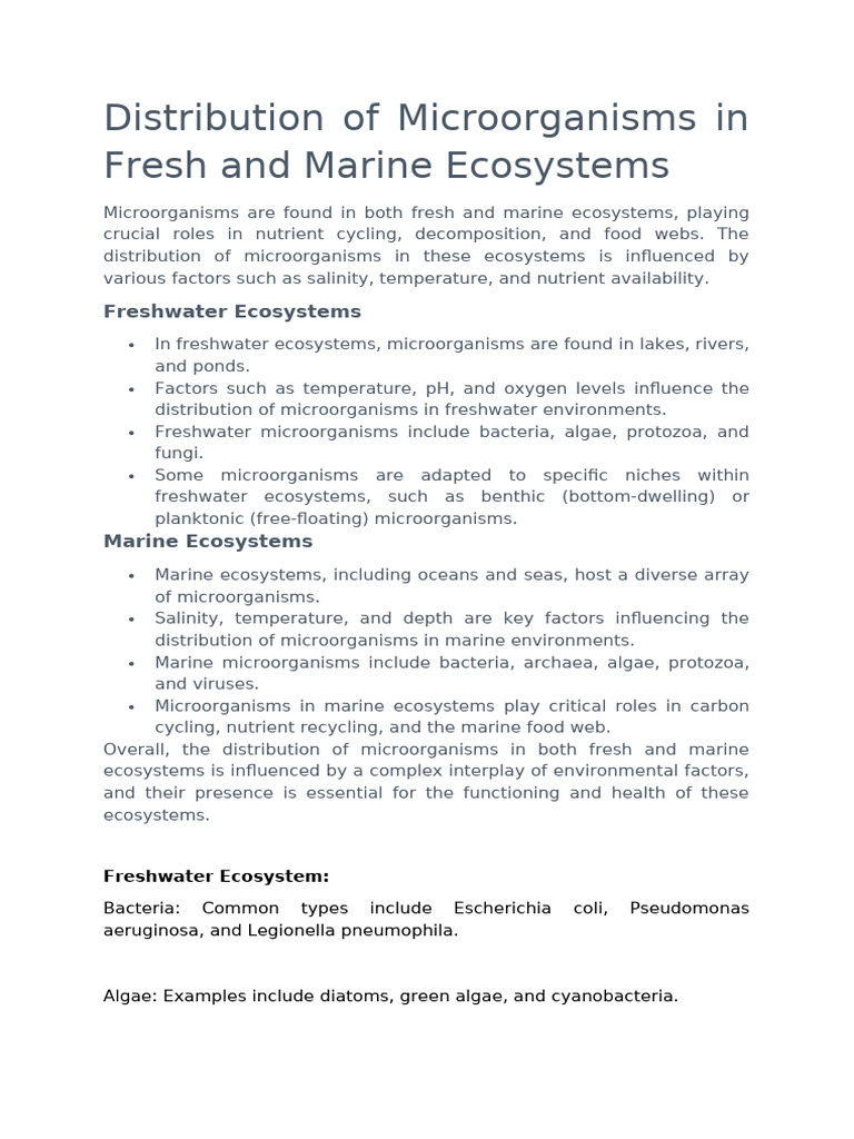 Distribution of Microorganisms in Fresh and Marine Ecosystems | PDF ...