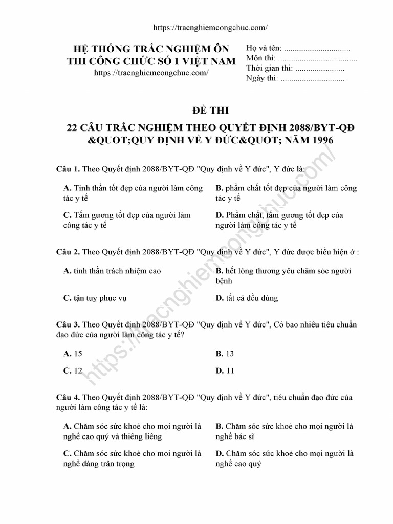 22 Cau Trac Nghiem Theo Quyet Dinh 2088 BYT QD Quy Dinh Ve Y Duc Nam ...