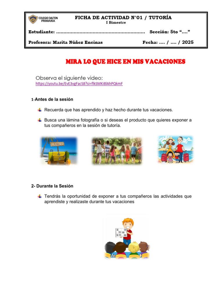 Ficha N01 Mira Lo Que Hice en Mis Vacaciones. Tutoria 5grado | PDF