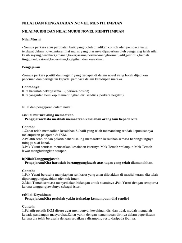 Nilai Dan Pengajaran Novel Meniti Impian | PDF