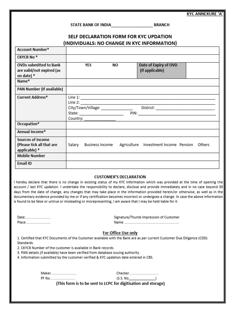 KYC Self Declaration Form - SBI | PDF