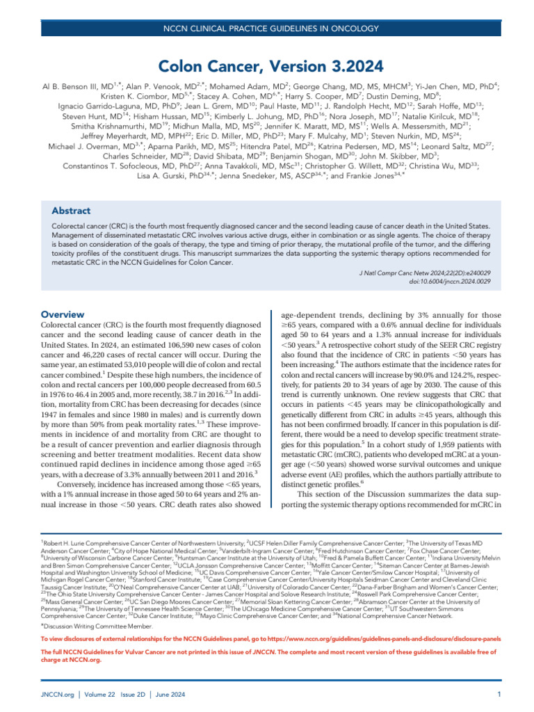 Colon Cancer, Version 3.2024 | PDF | Colorectal Cancer | Epidermal Growth Factor Receptor