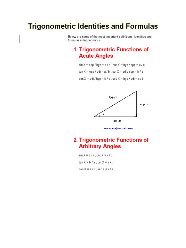Trigonometric Identities and Formulas | PDF | Sine | Trigonometric ...