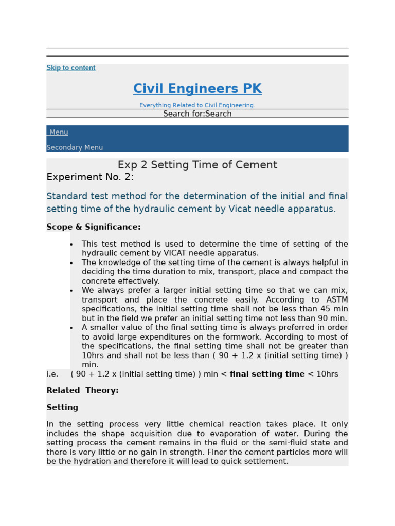 Initial Setting Time and Final Setting Time of Cement 2 | PDF | Cement ...