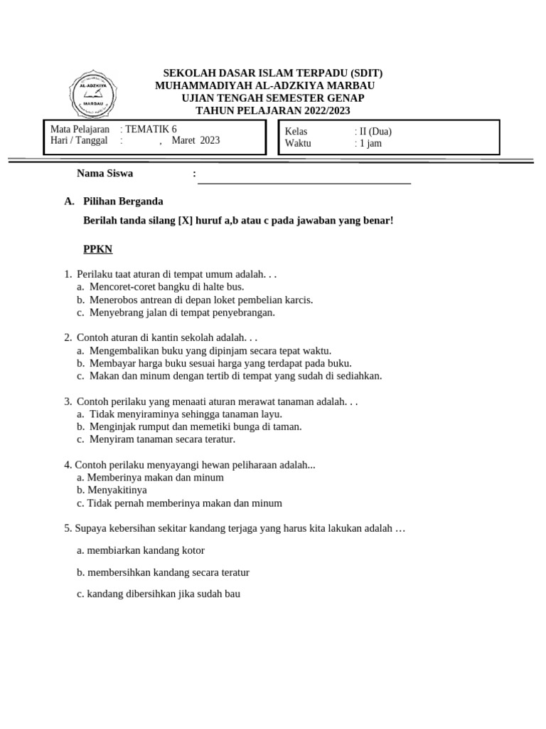 SOAL UTS TEMATIK 6 KELAS 2 SEMESTER 2 | PDF