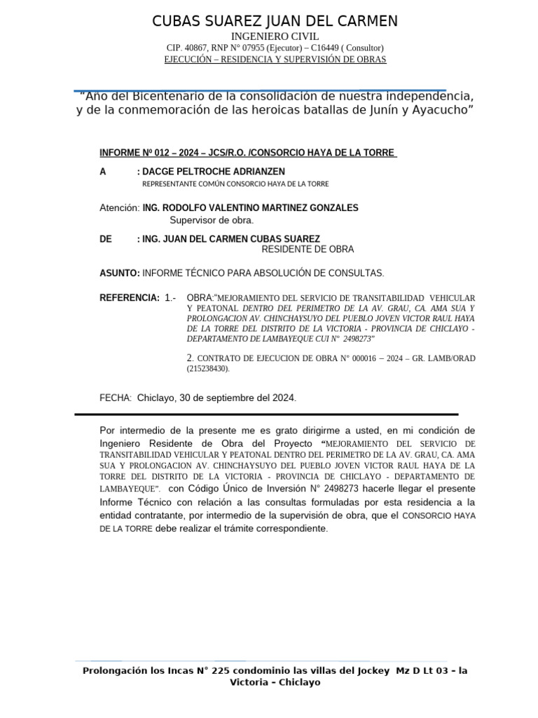 Informe #012-2024 Presupuesto Por Modificación de Planos | PDF | Ingeniería
