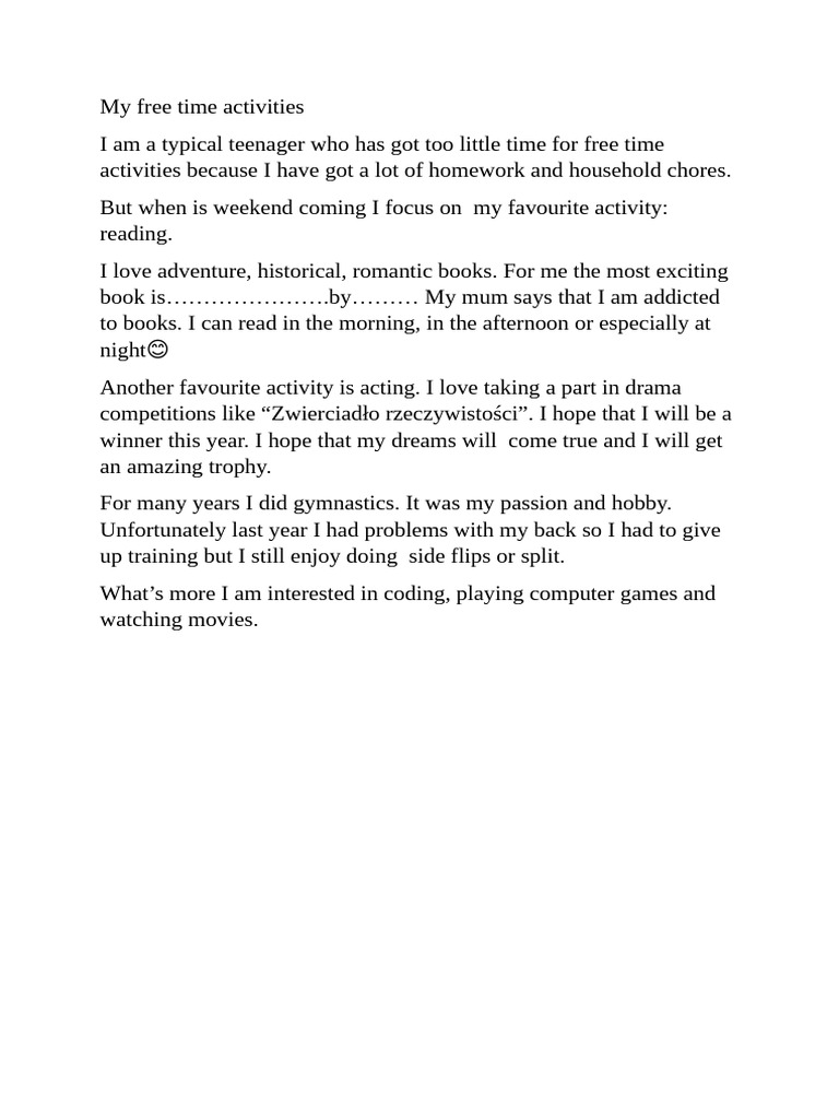 Teenager's Favorite Free Time Activities | PDF