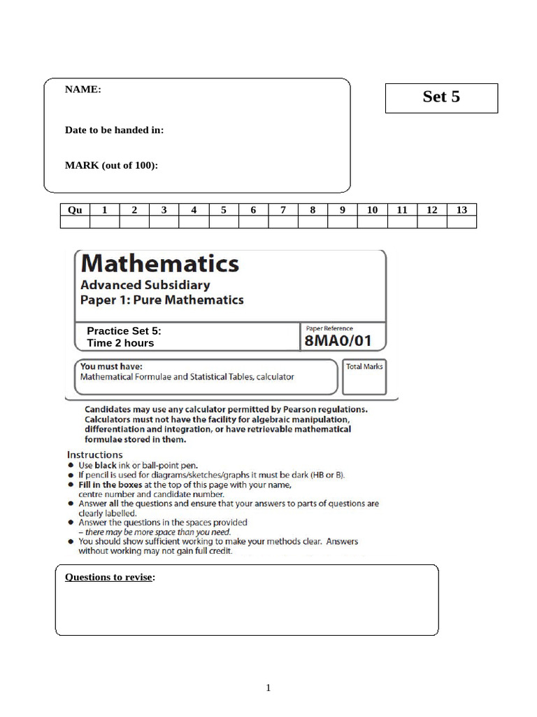 As Pure Mathematics Practice Set 5 | PDF | Equations | Curve