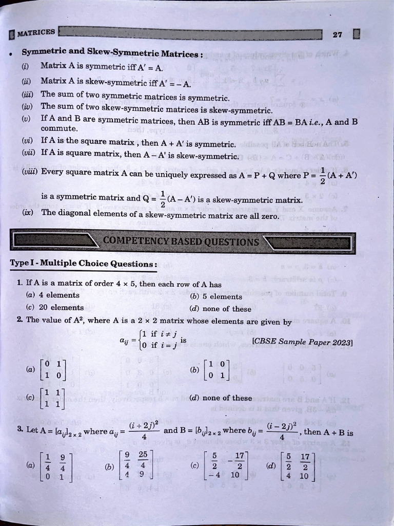 Class 12 Matrices: Key Concepts & PYQs | PDF | Matrix (Mathematics ...