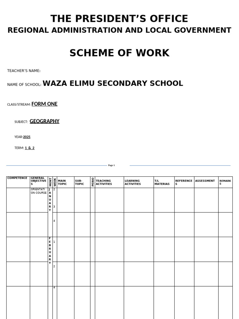 Waza Elimu Form One Geography Scheme | PDF | Geography | Map