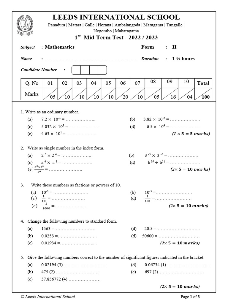 R - 1st MT - AY22.23 - F2 - Maths - QP | PDF | Mathematics
