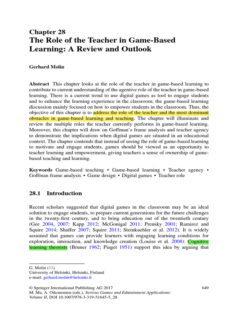 The Role of The Teacher in Game-Based Learning - A Review and Outlook ...